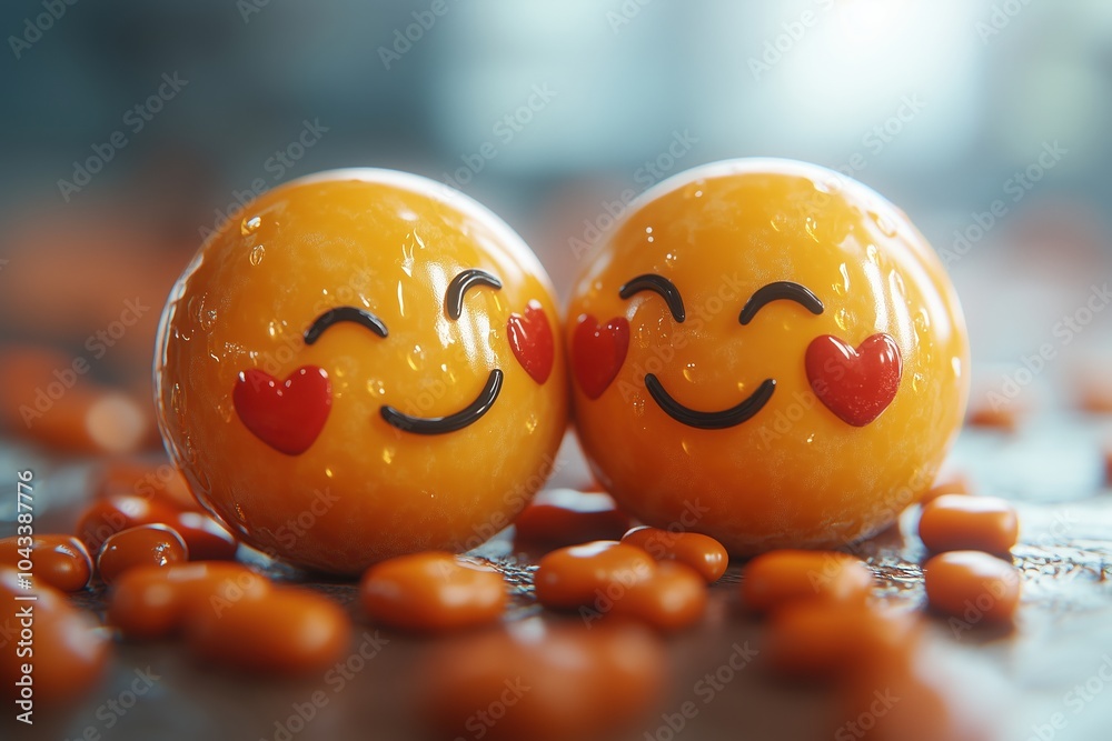 Two emoji in love. Cute 3D emoji in love with his girlfriend. Couple of yellow round emoji with ...