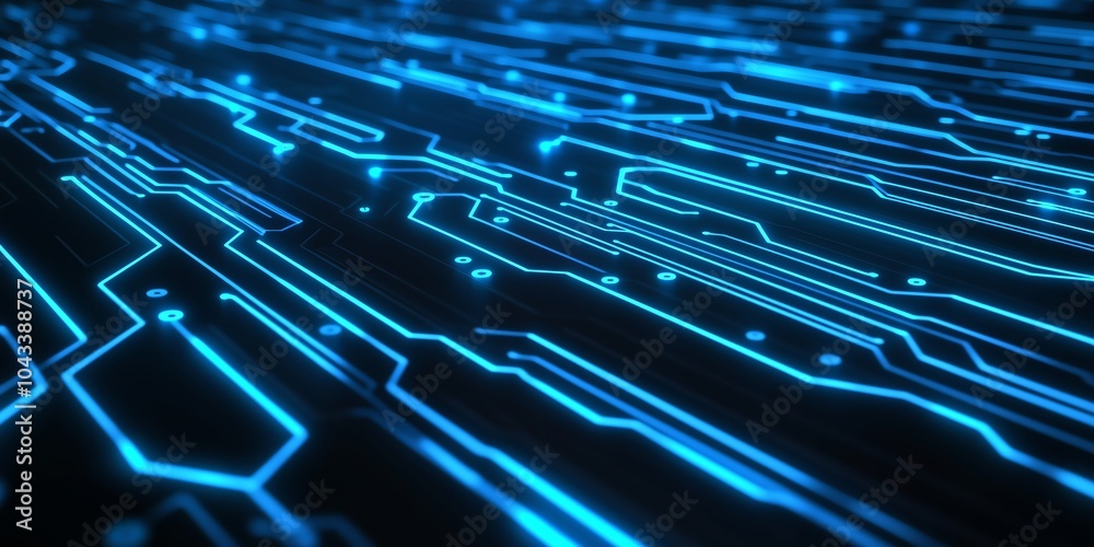 Diagonal view of a sleek tech surface with flowing blue circuit lines ...