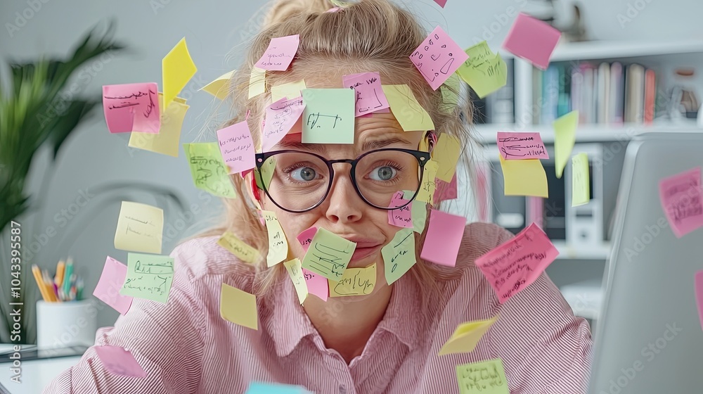 Overwhelmed Woman Amid Visual Chaos of Sticky Notes on Desk, Struggling ...