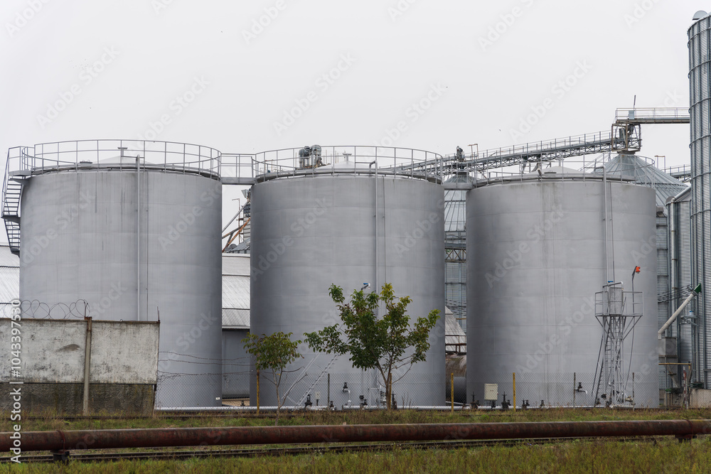The towering silo tanks stand prominently at a grain elevator site ...