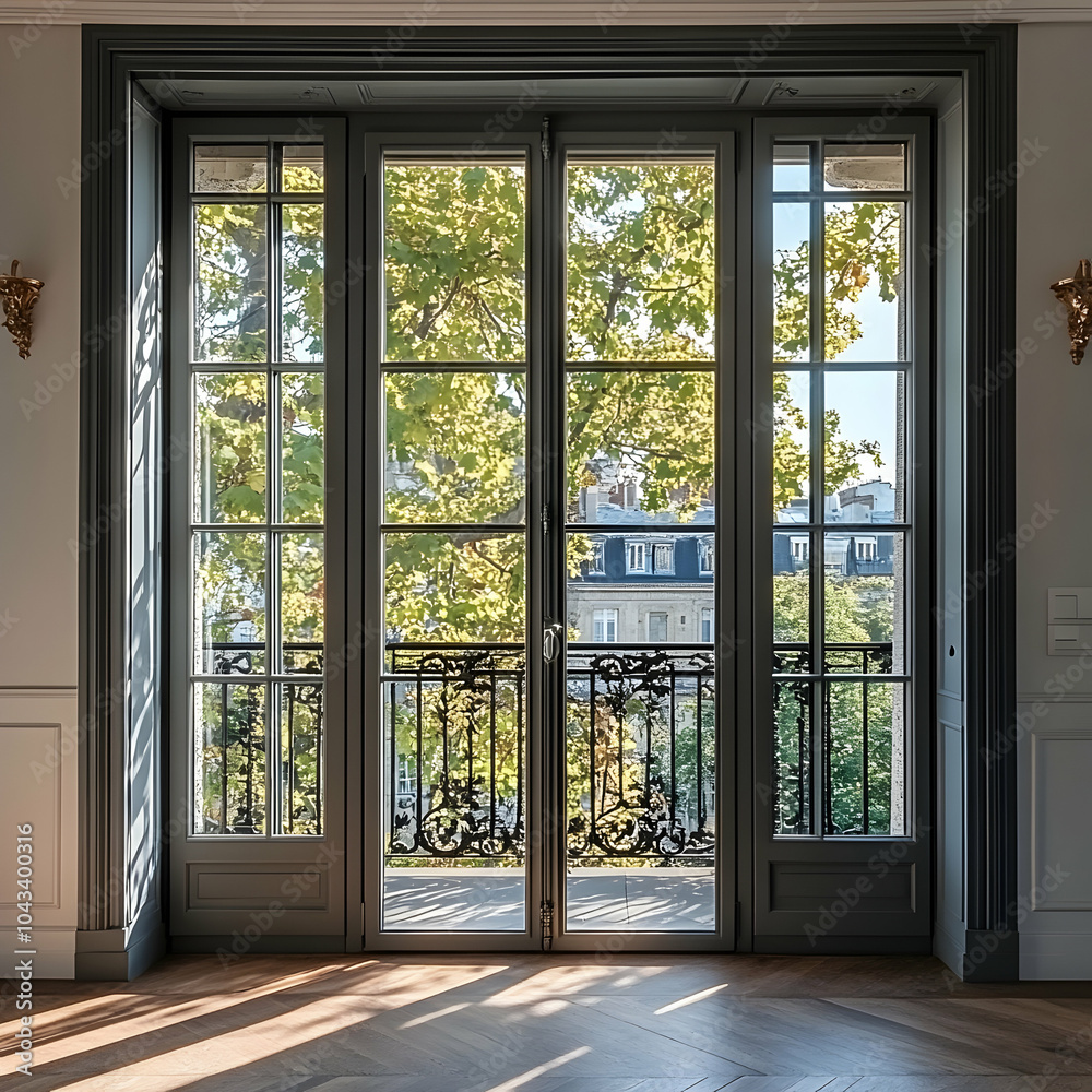 Large French Window with Glass Panes Opening to a Balcony, Bright ...