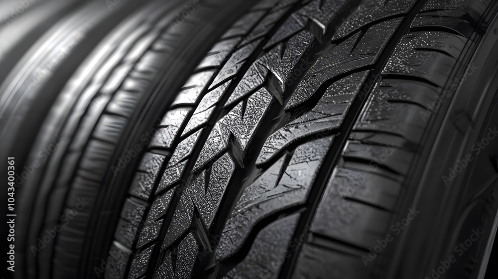 Multiple car tires side by side, detailed tread patterns and textures. Dark industrial aesthetic ...
