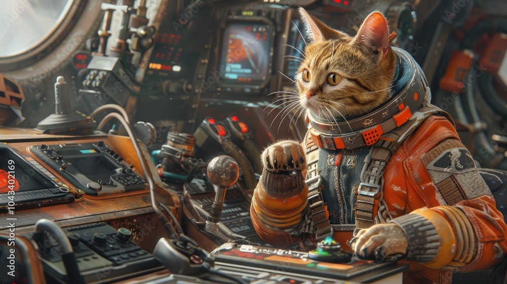 A futuristic cat in a sleek cyber suit sits at the control panel of a ...