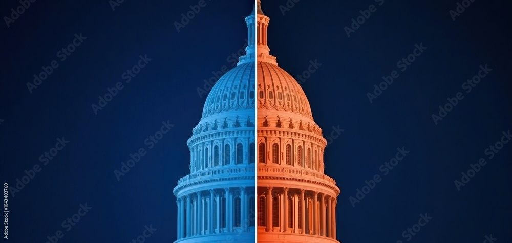 Capitol building under split lighting, half blue and half red ...