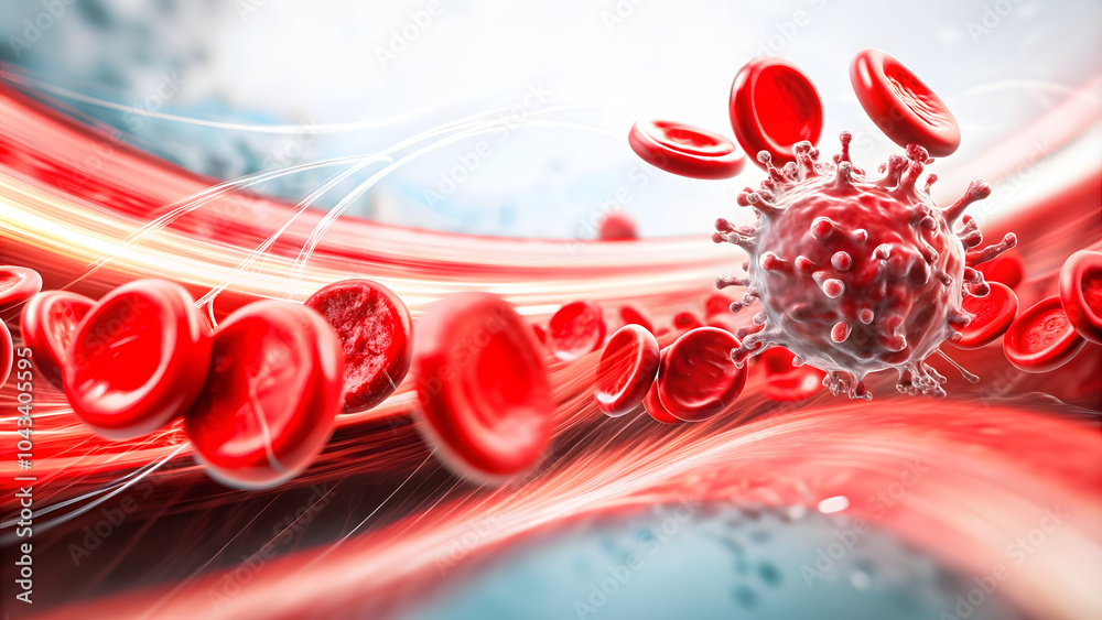 Digital illustration of blood cells in colour background with red blood ...
