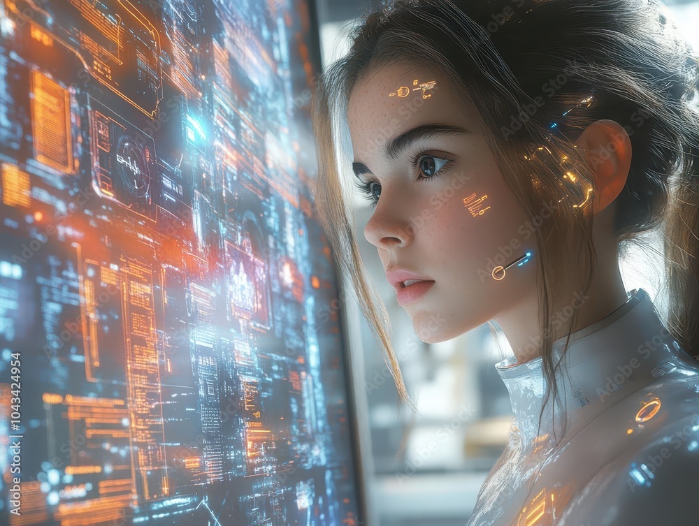 teen girl with futuristic attire in a school setting, surrounded by ...