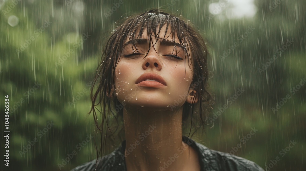 Emotional portrait of a young woman shedding tears in the rain ...