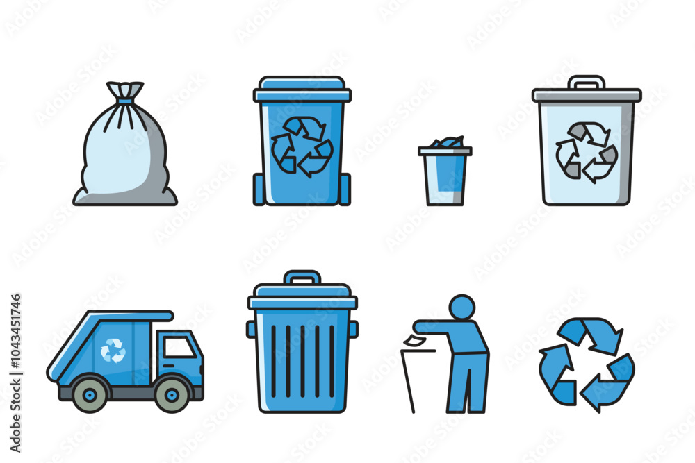 Blue waste management icons, including garbage bags, recycling ...