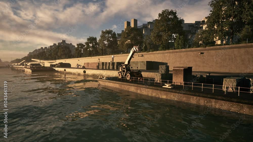 A loading crane operates along a waterfront, arranging cargo on a barge ...