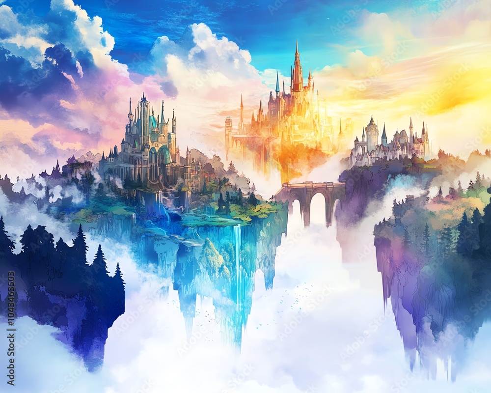 Two majestic floating castles in the sky, connected by a bridge ...