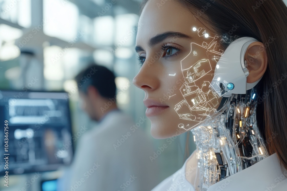 This image shows a cybernetic humanoid with exposed circuits in a ...