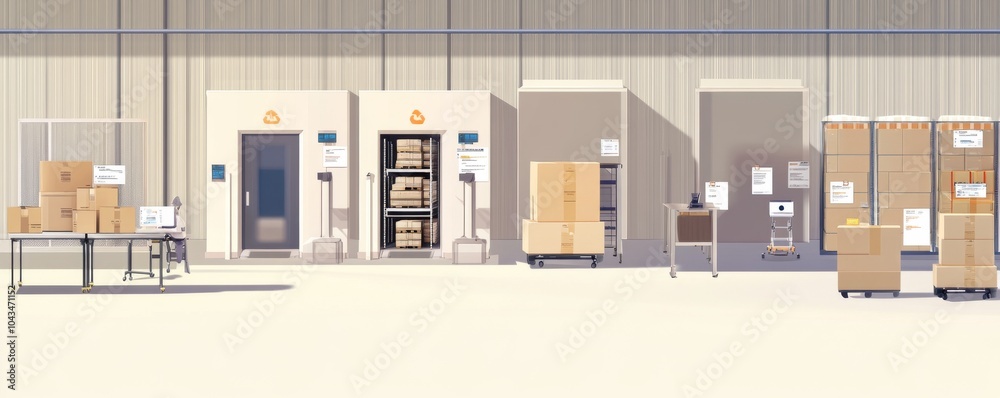 A modern warehouse with organized storage, featuring labeled boxes, a ...