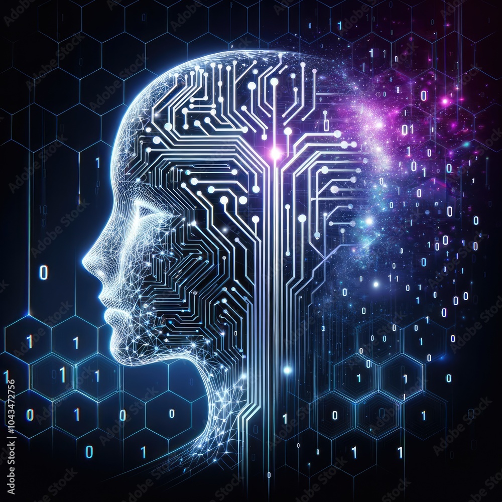 Futuristic AI Concept: Human Head Profile Composed of Glowing Circuits and Binary Code ...