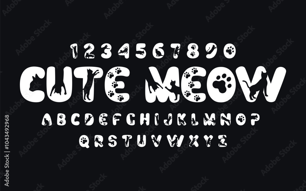 cute meow Vector Cats font black and white alphabet, Creative set of characters, kittens ...