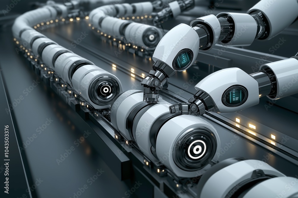 Futuristic image of automation in a clean and bright manufacturing ...