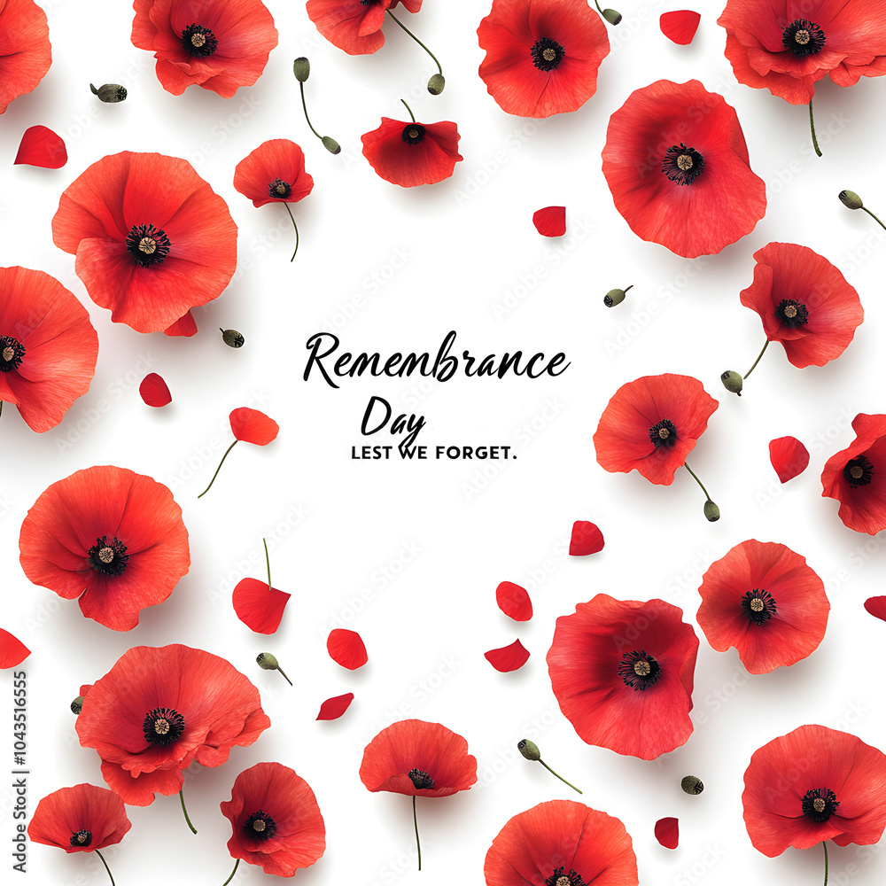 Remembrance day Lest we forget poster. Poppy flowers on white ...