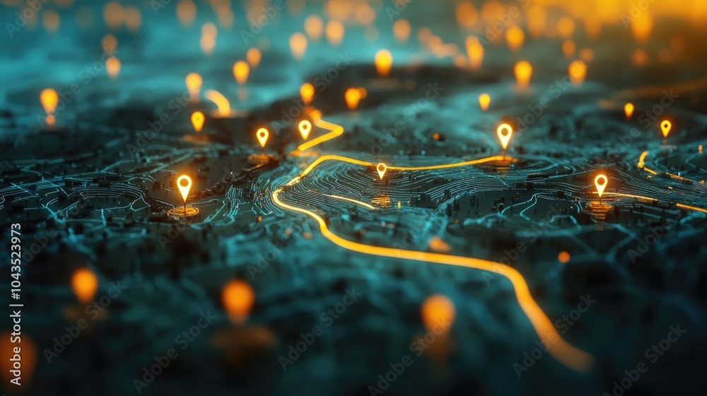 An abstract digital map with glowing location pins, representing ...