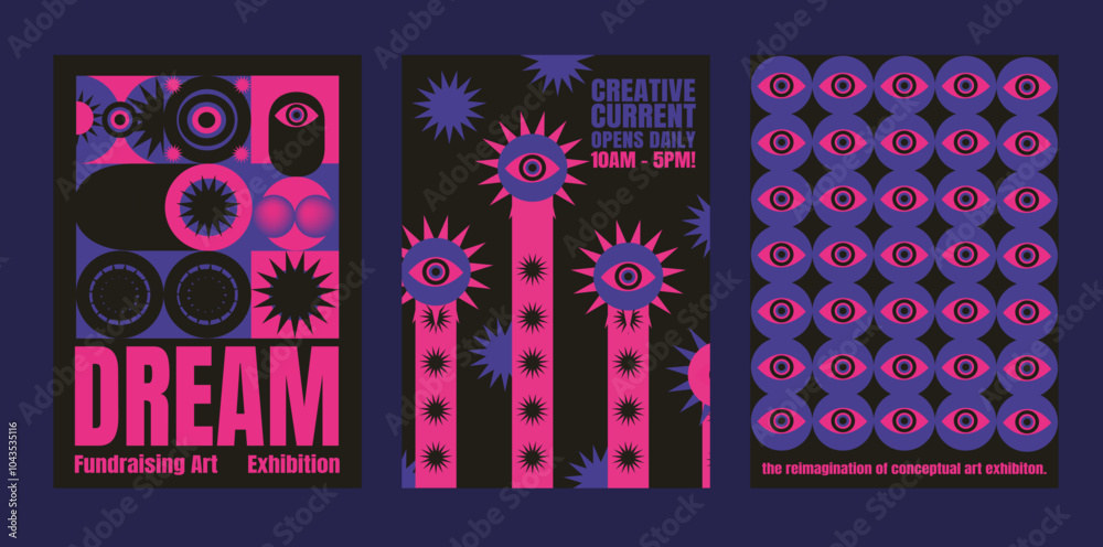 Vibrant art exhibition posters with eye motifs. Bold colors highlight ...