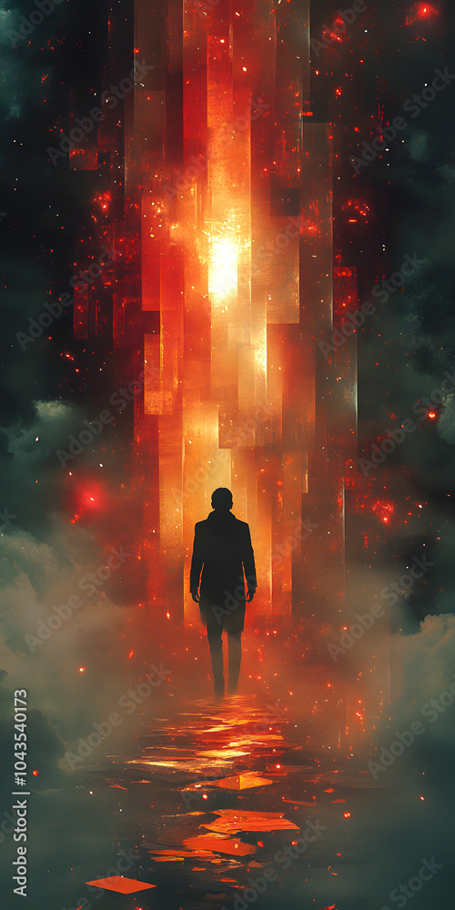 A human figure floats above a shattered floor as fragments rise into ...