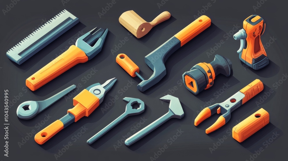 Bright and engaging 3D vector cartoon icons for tools: planer, saw ...