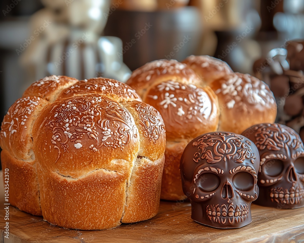 Traditional bread of the dead (pan de muerto) placed beside skull ...