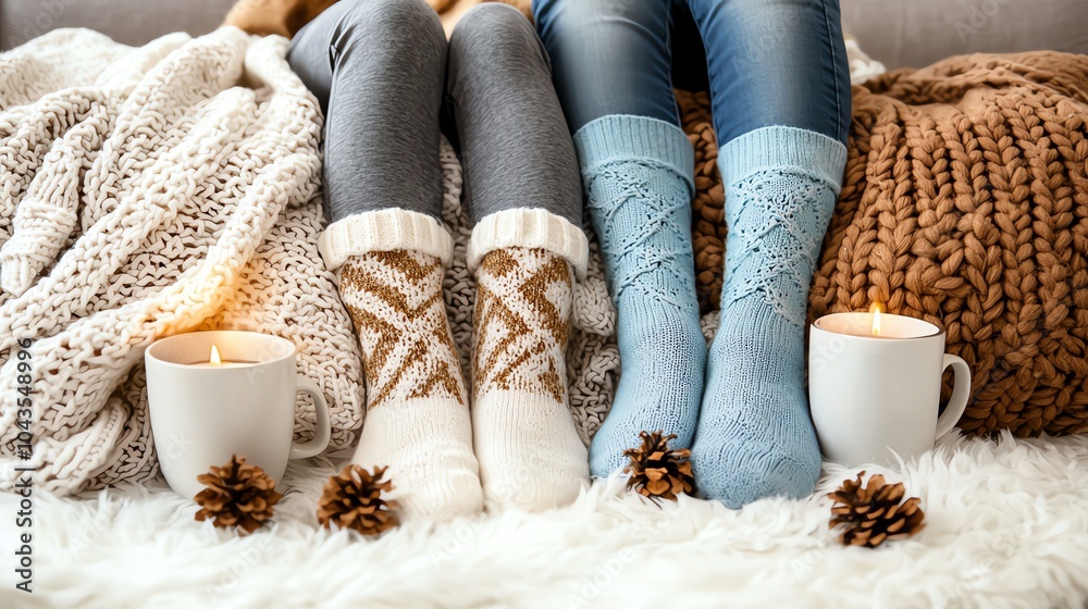 Matching socks on couple s feet, cozy winter setting, celebrating ...