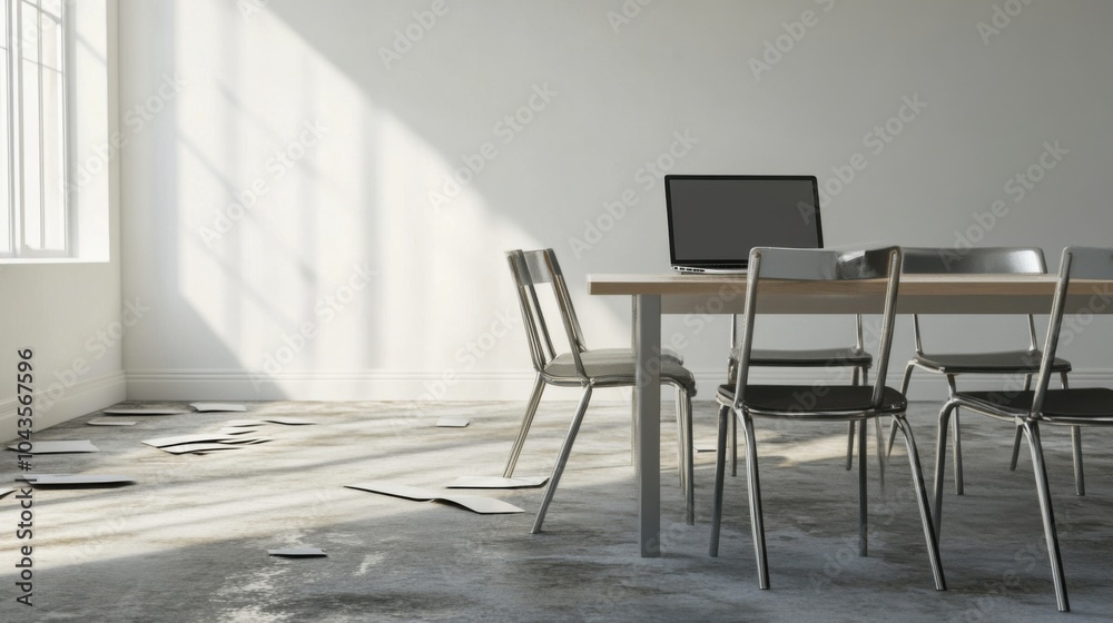 Meeting room with scattered chairs. Featuring a lone laptop abandoned ...
