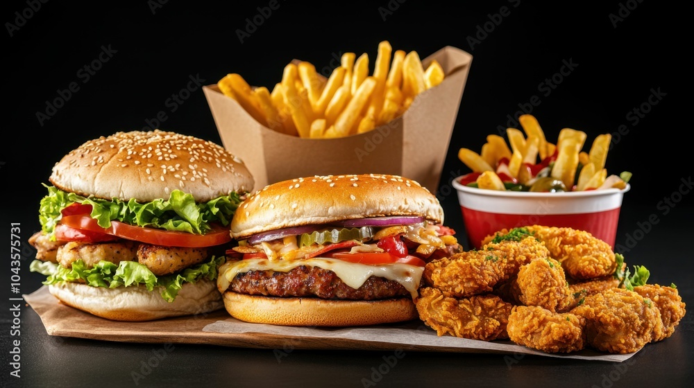 Fast food concept with greasy fried restaurant take out as onion rings ...