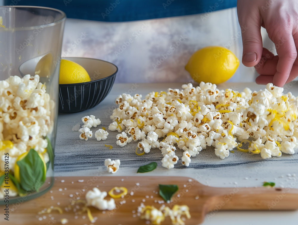 Zesty lemon popcorn glistens in vibrant light, each kernel coated in ...