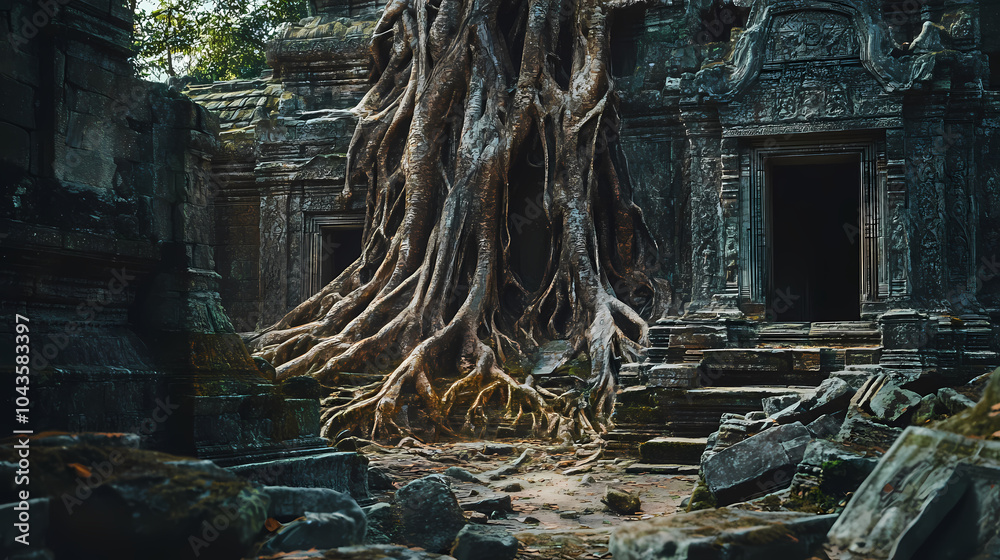 Ancient tree roots overtaking abandoned ruins,blending nature and ...