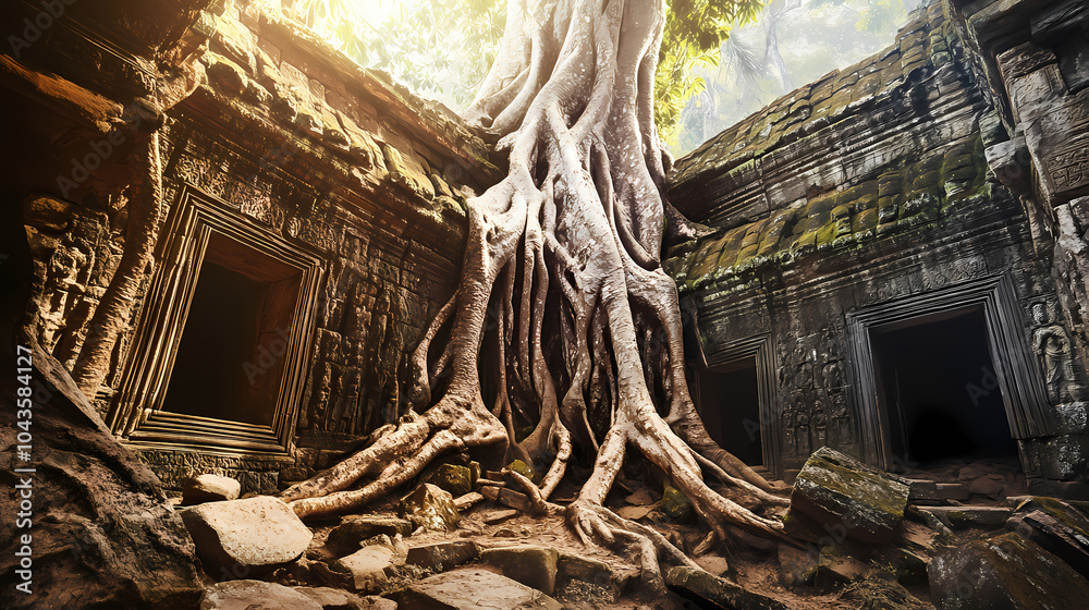 Ancient tree roots overtaking abandoned ruins,blending nature and ...