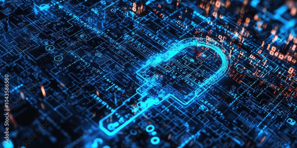 A digital lock and key appear over a binary code backdrop, representing data encryption and ...
