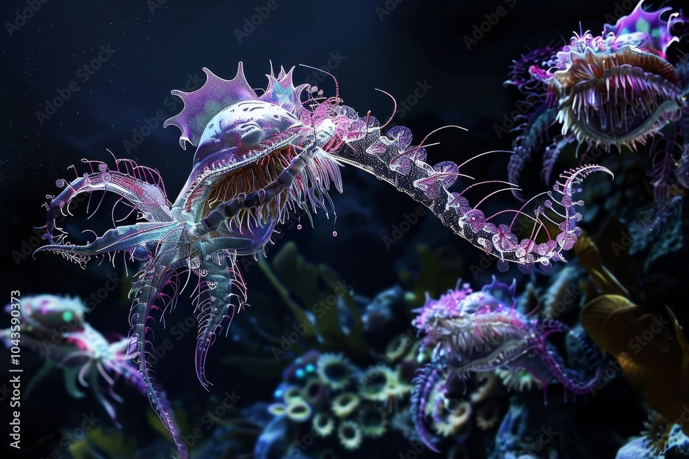 Bioengineered marine life in the deep sea,A vibrant ocean scene ...