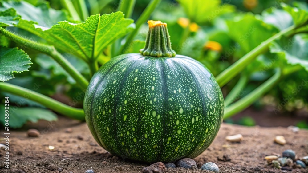 Round zucchini grown in an eco garden in Nice, shot at a tilted angle ...