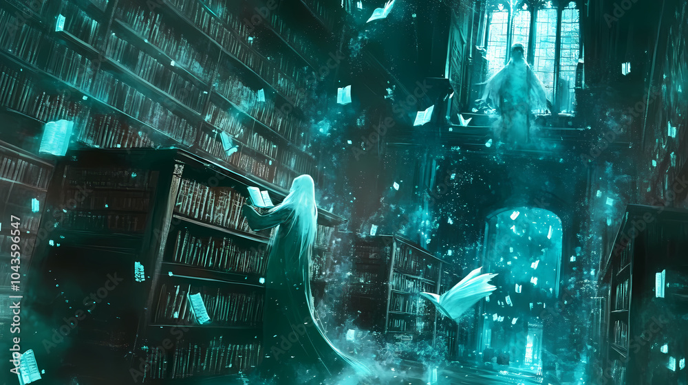 Enchanted library with books flying off shelves and ghostly scholars ...