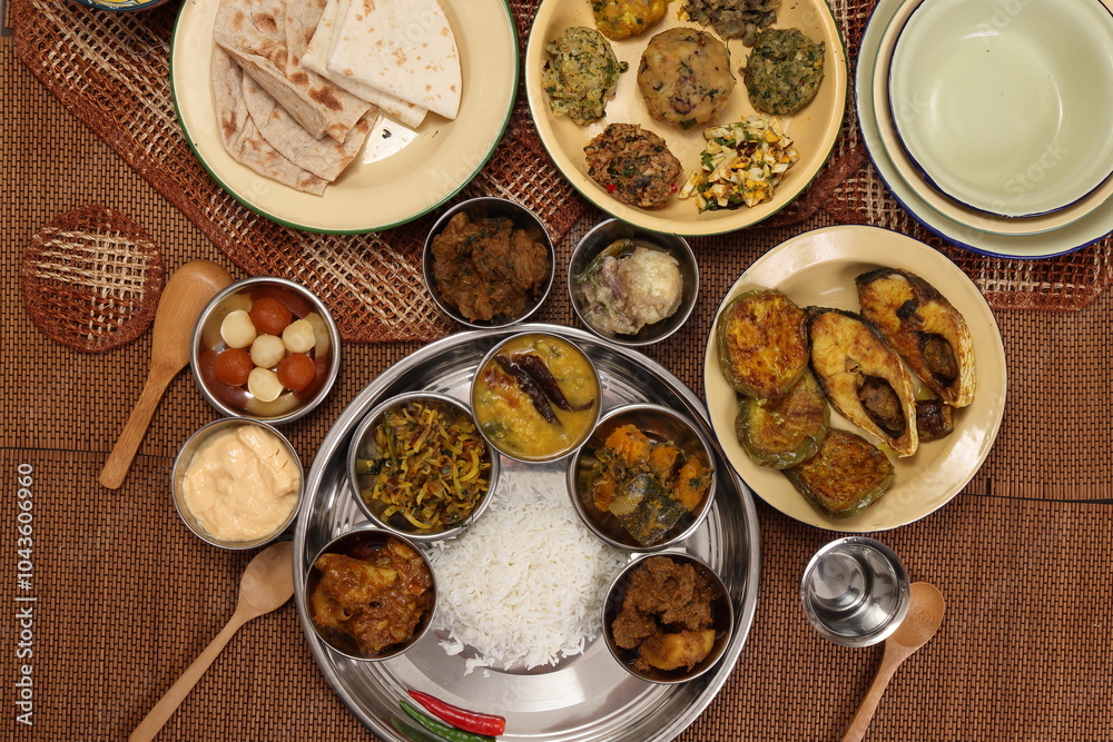 Bengali style thali spread verity cuisine hilsa fish vegetable beef ...