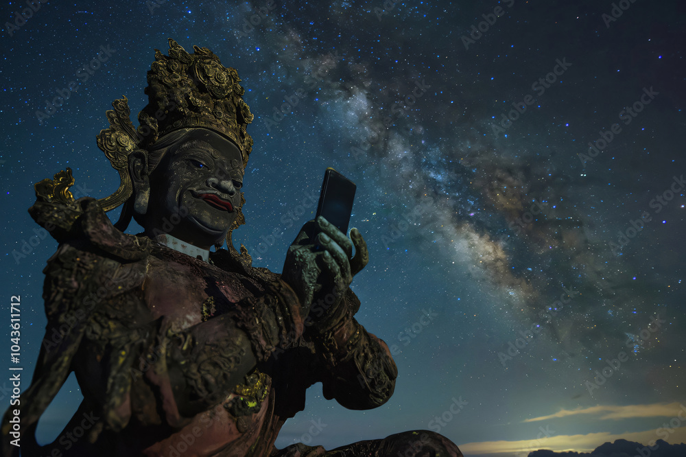Ancient statue of the Egyptian god Khonsu taking a picture of the milky ...