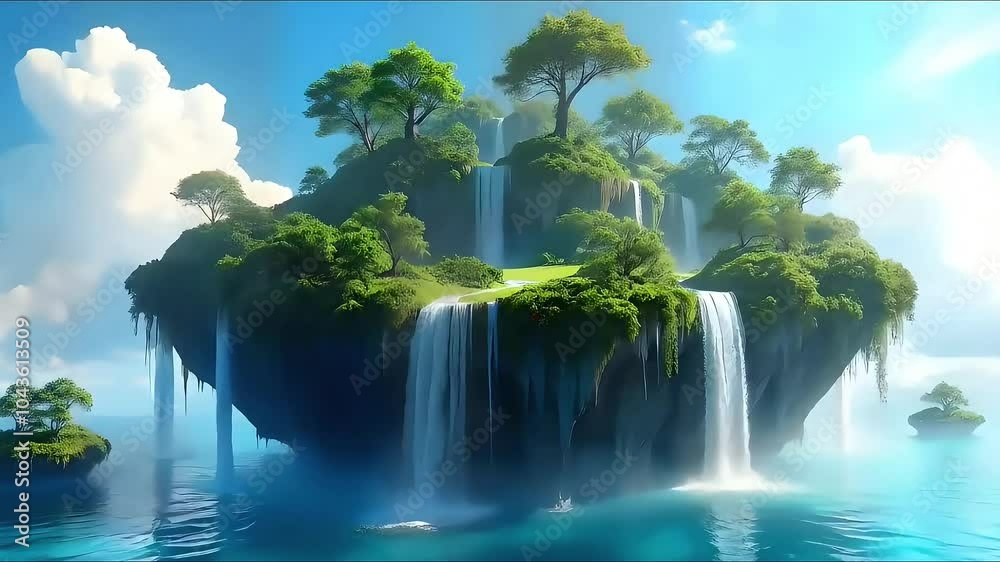 A whimsical 2025 scene depicting a giant floating island covered in ...