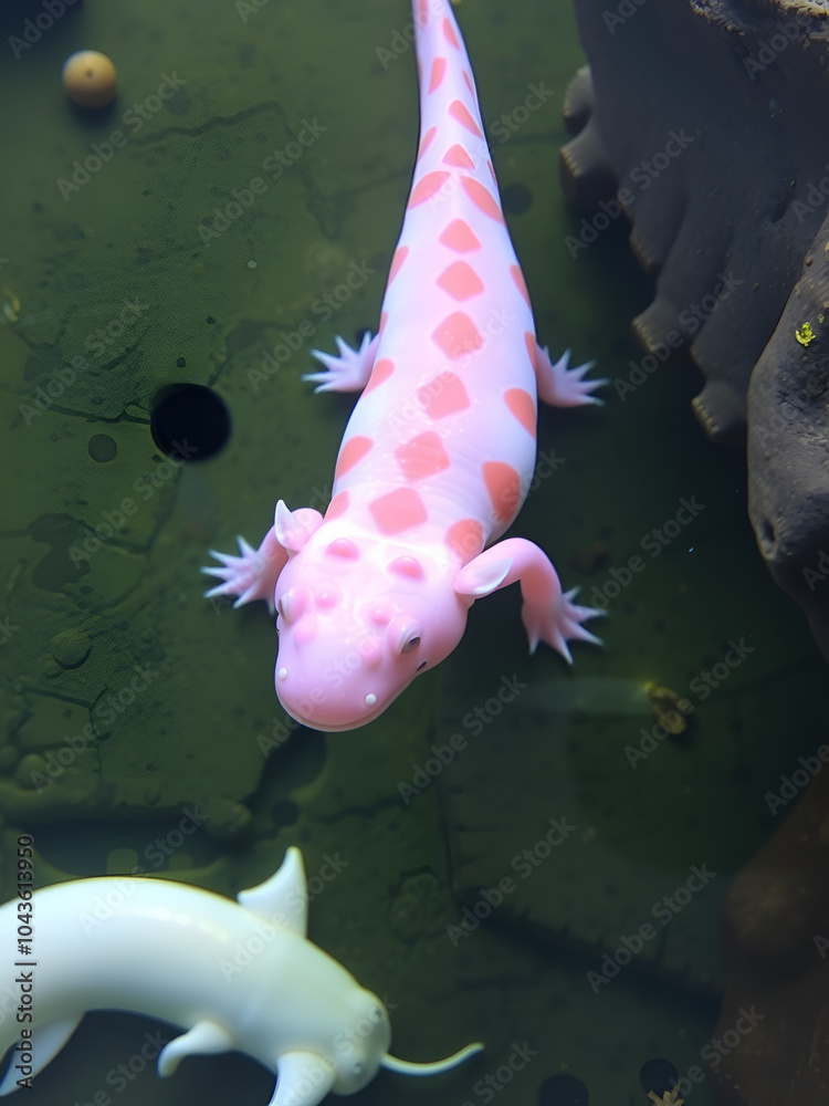 Axolotl, Mexican walking fish, salamander, tiger salamander. A pink ...