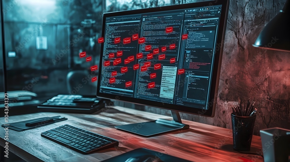 Digital computer screen displaying multiple red warning signs and ...