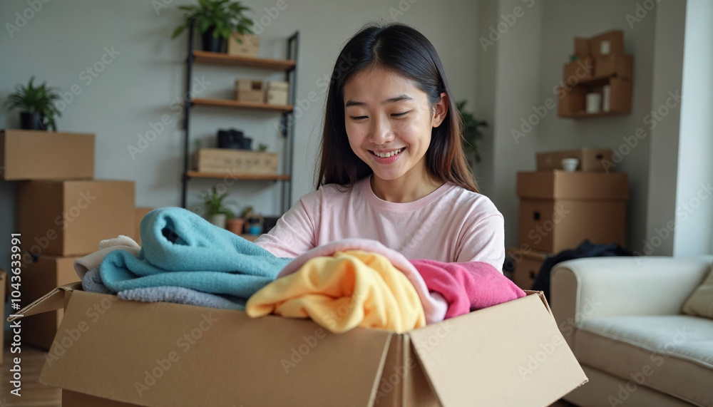 Recycling, Donation for poor, hand asian young woman, girl packing object at home, putting on ...