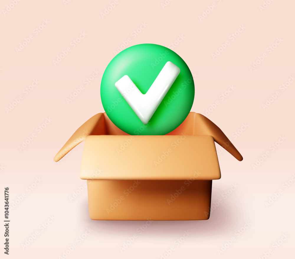 3d opened delivery box with checkmark. Render yes icon in open ...