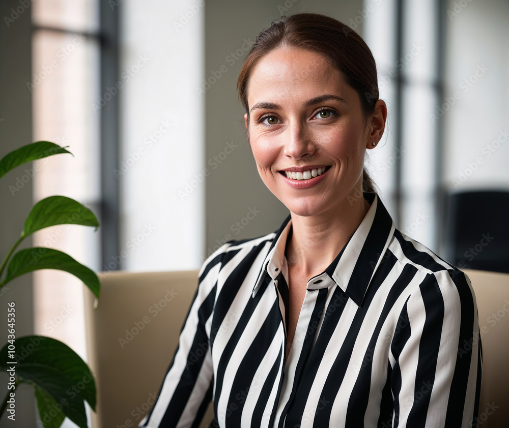 Professional Woman Smiling in Modern Office Setting with Black and ...