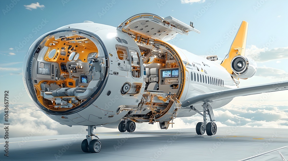 Detailed Cross section View of an Airplane Cabin Highlighting the ...