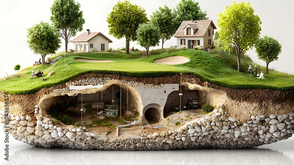 Detailed cross sectional view of a well engineered golf course ...