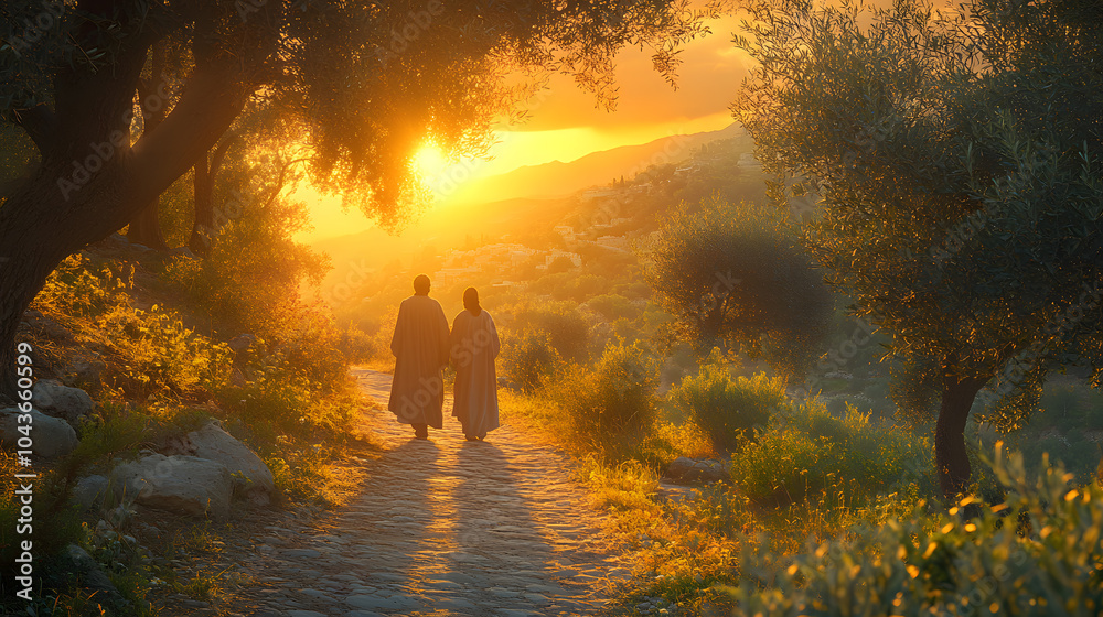 Road to Emmaus, two disciples walking with resurrected Jesus, evening ...