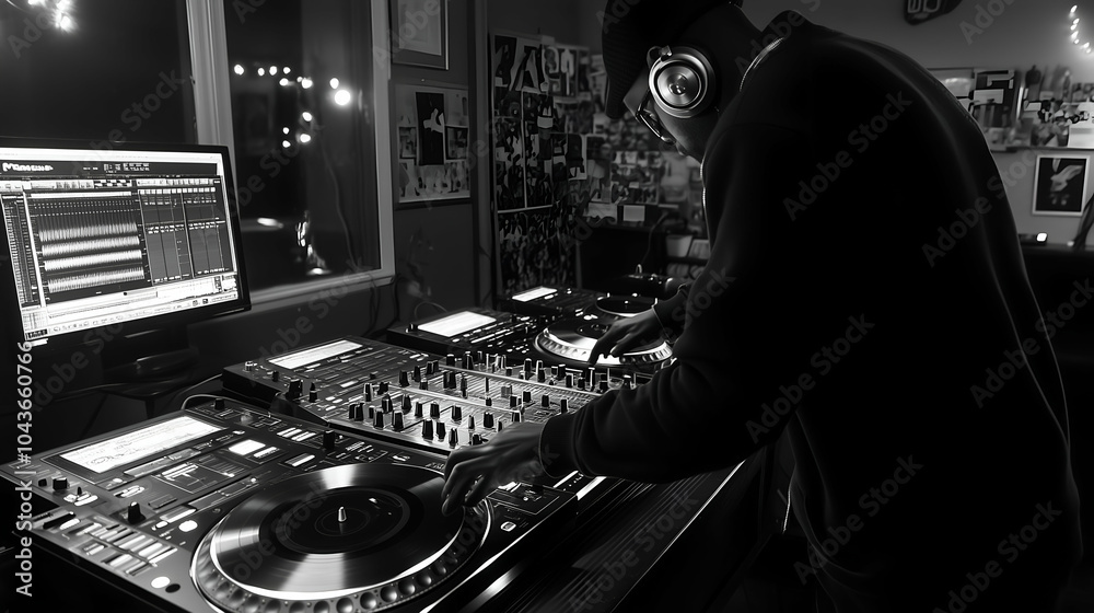 DJ performing live set using professional DJ deck in a production ...