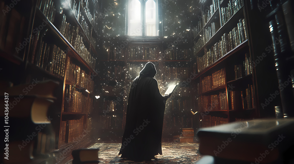 Wizard casting spell in mystical library study filled with books and ...