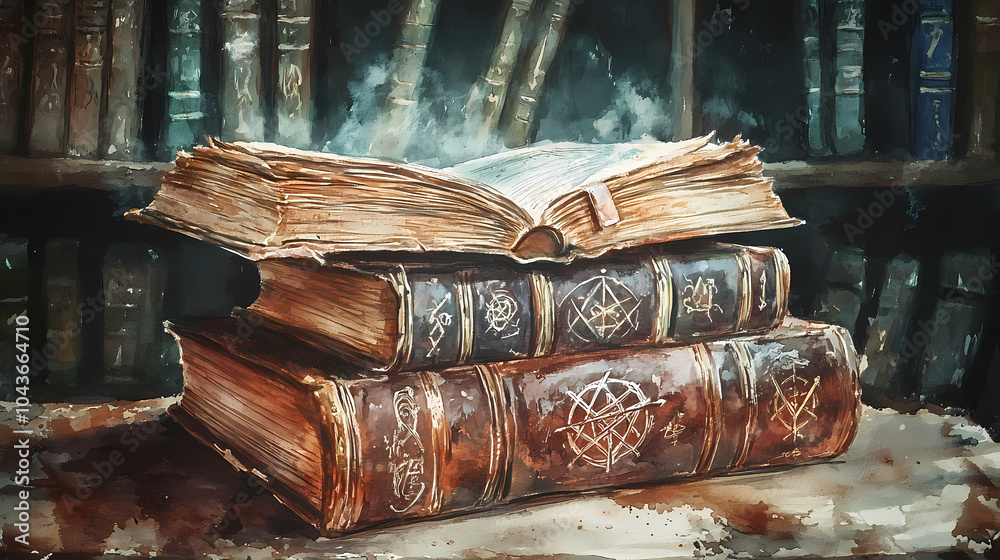 Worn leather-bound book, arcane symbols, ancient library, watercolor ...