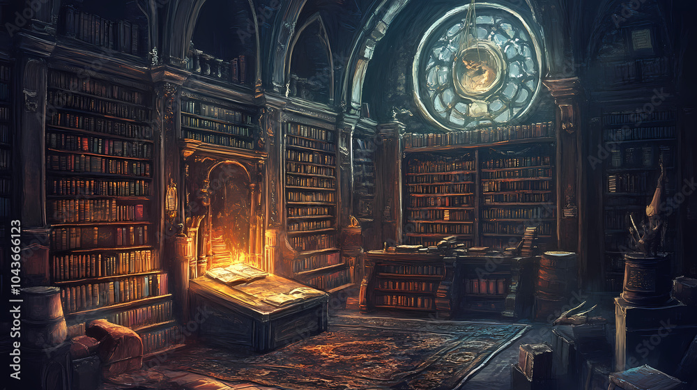 The midnight library: an old, musty library filled with leather-bound ...